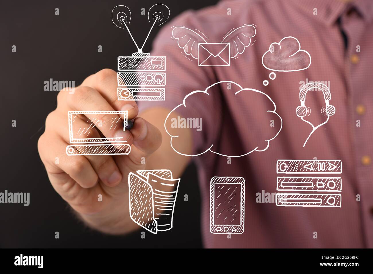 Man hand drawing cloud computing diagram. Concept of various areas of ...