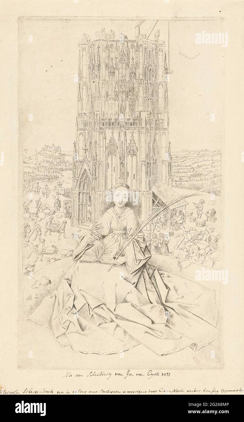 Saint Barbara. Sacred Barbara, sitting, seen from the front, with palm ...