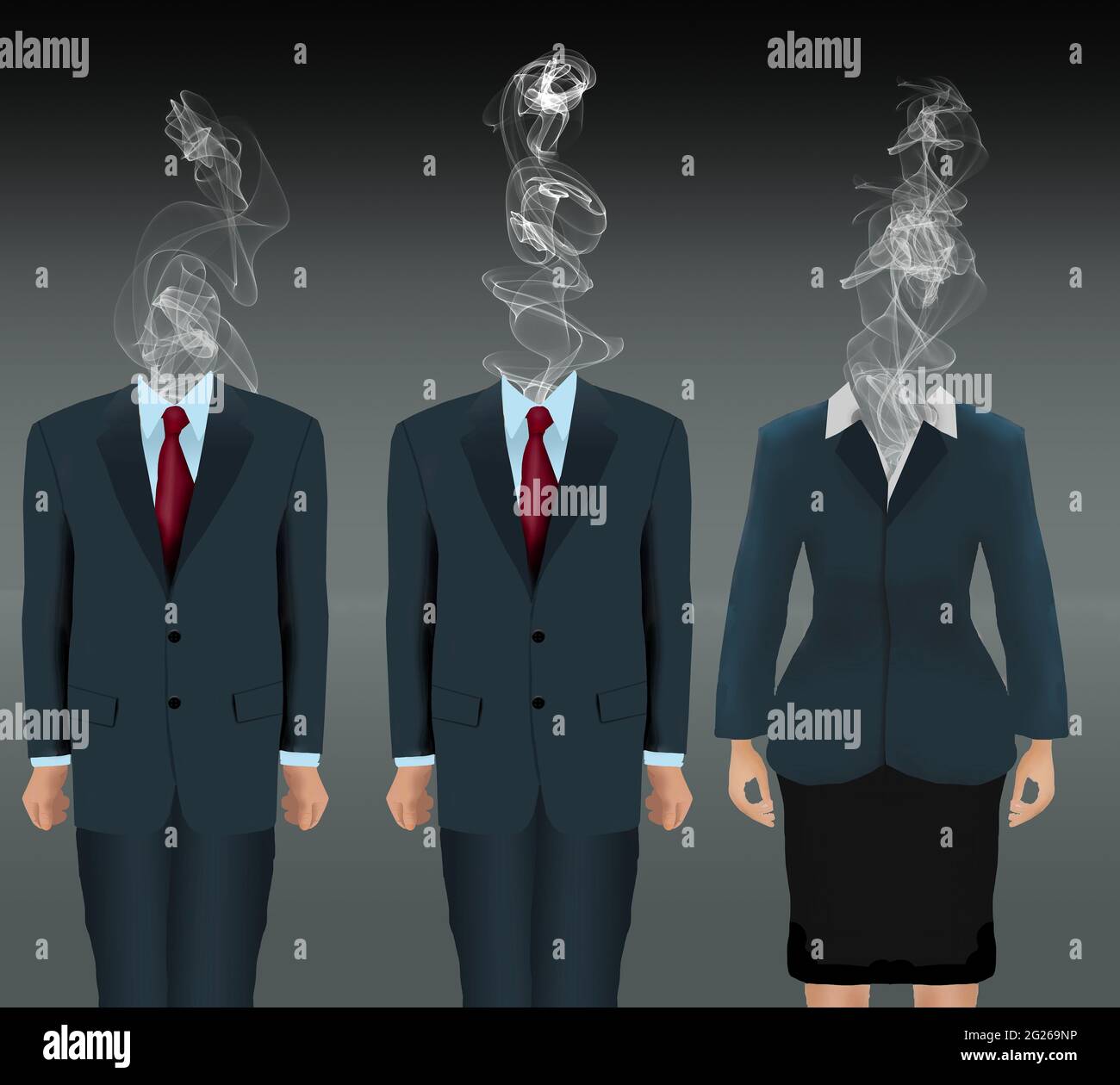 A woman and two men in business clothing are seen with puffs of smoke ...