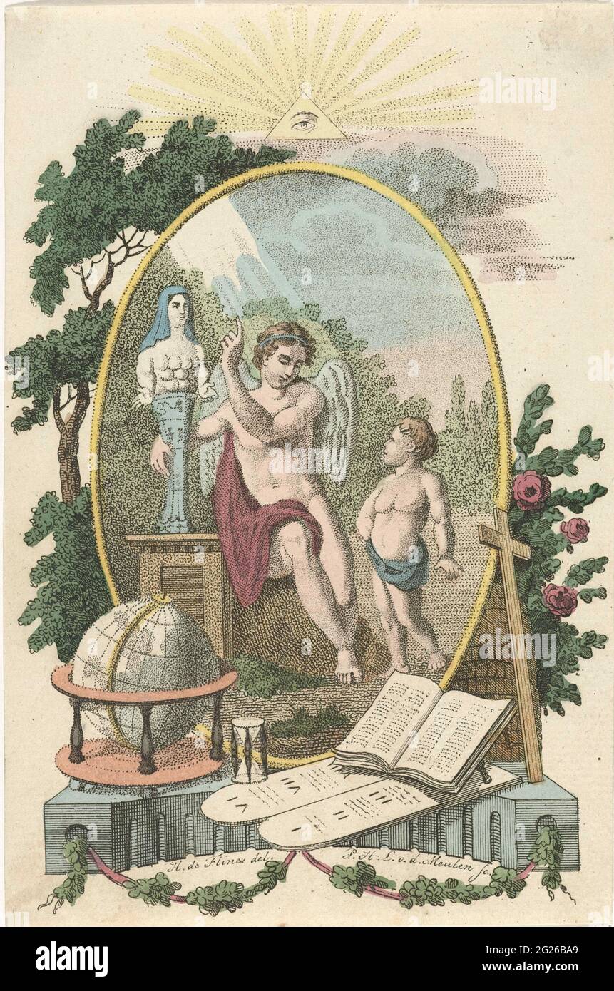 Allegory with an angel and a statue of mother nature. Presentation in ...