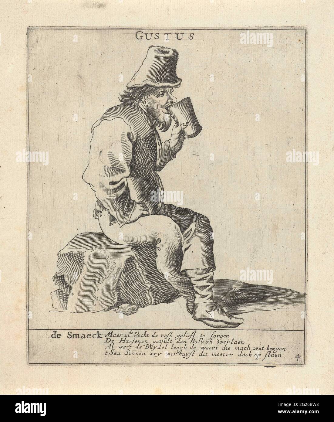 The taste; Gustus; Five senses. A man, with a headdress on, sits on a ...