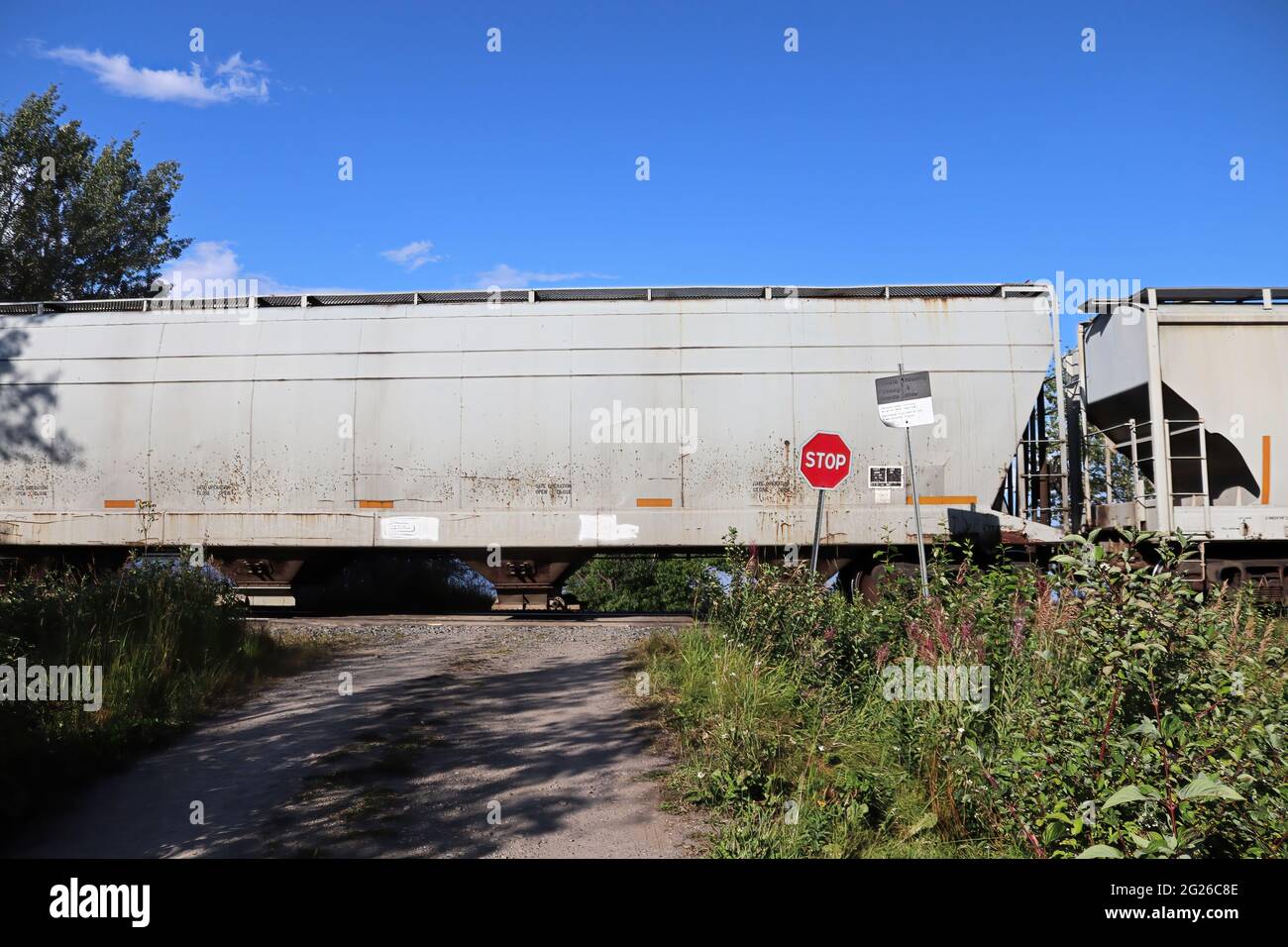A train speeds past a stop sign at a crossing Stock Photo - Alamy