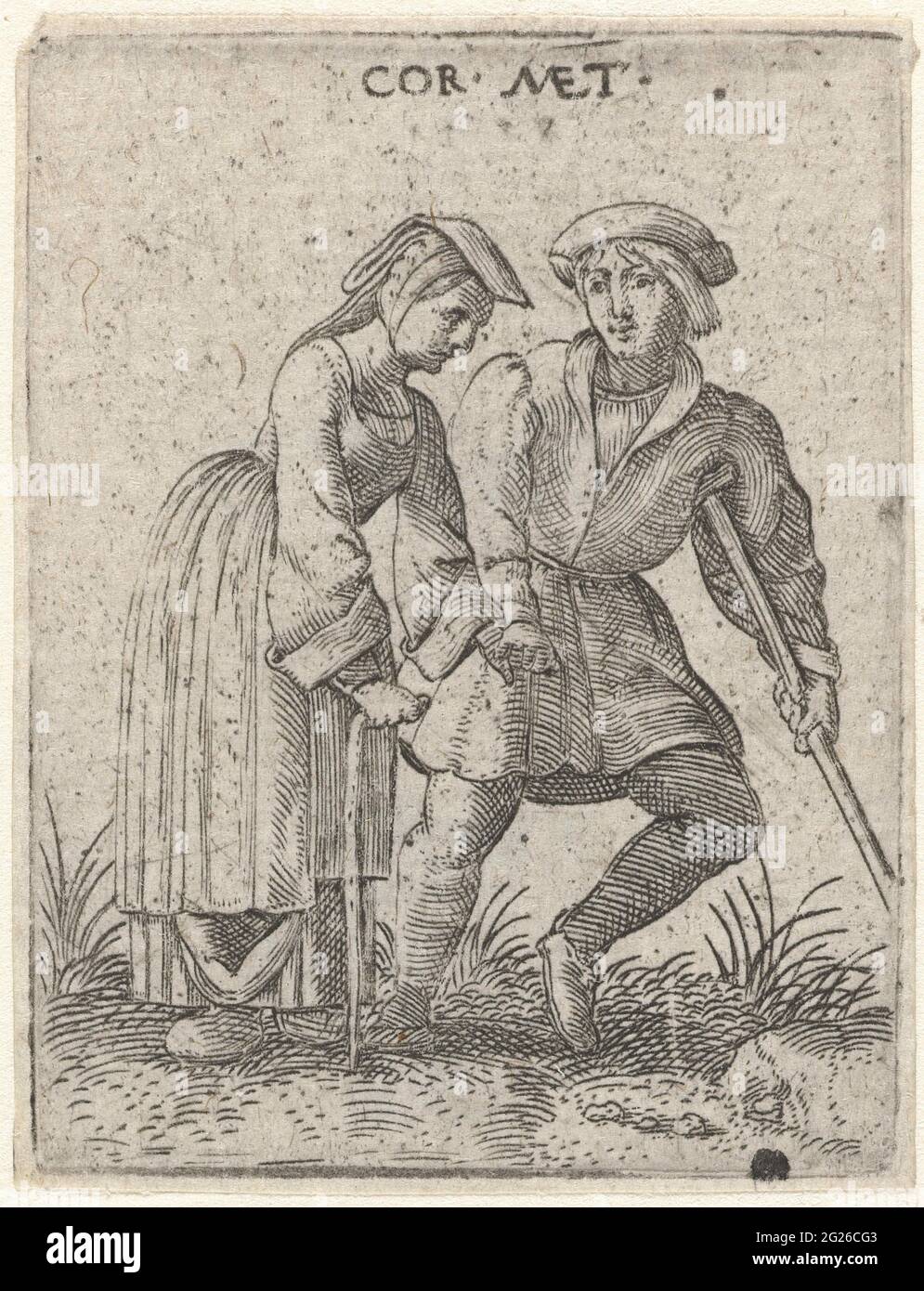 Lame couple dressed as citizens; Dancing moals. A man with a beret on ...