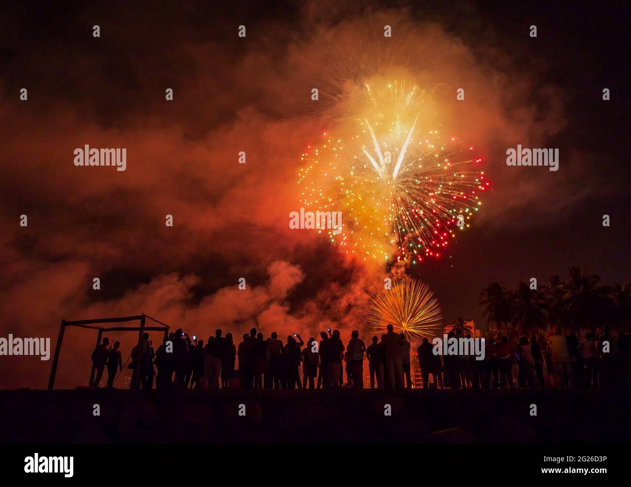 A Crowd Of People Are Watching A Colorful Fireworks Celebration Display ...