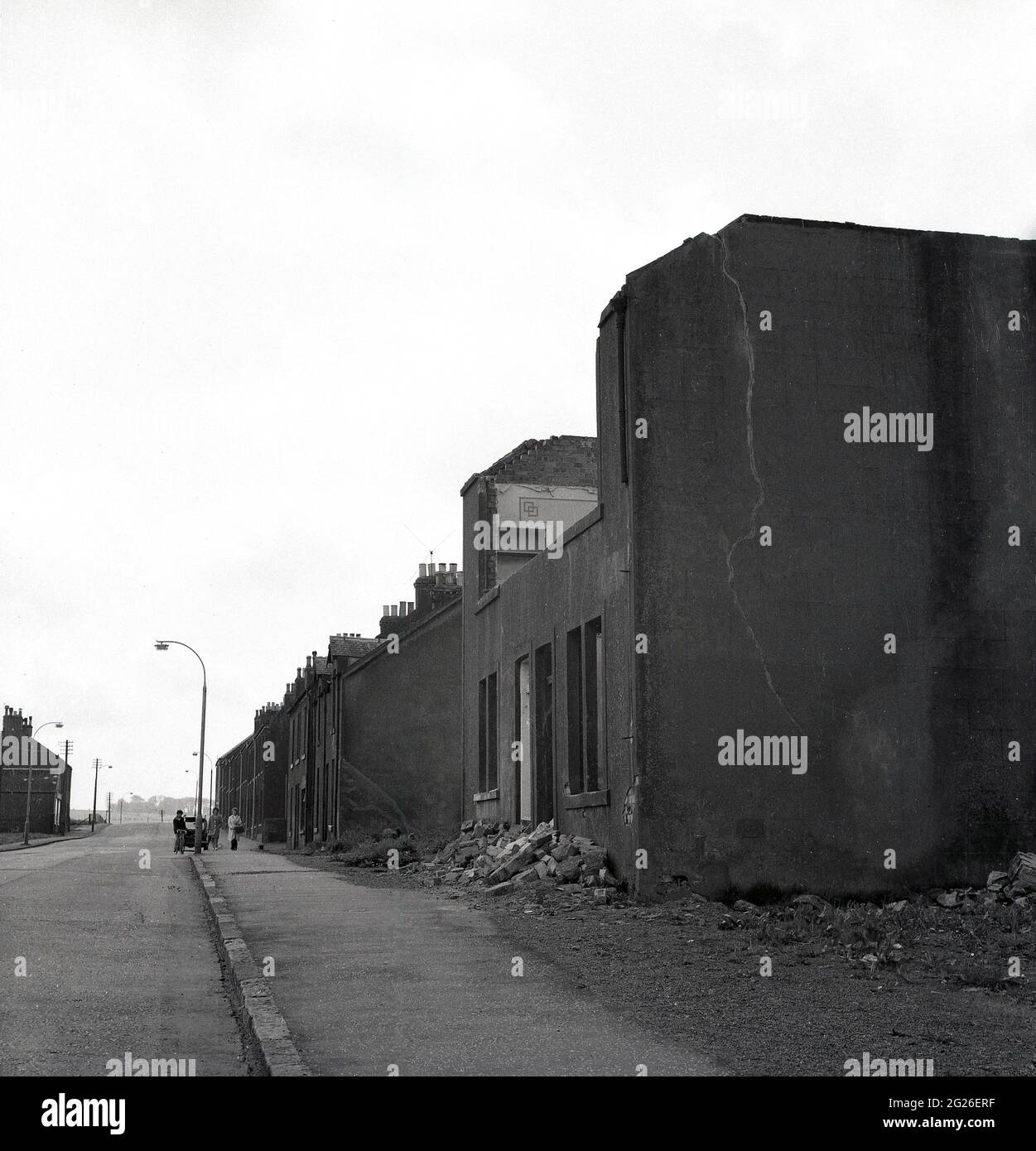 1960s, historical, desolate street with abandoned houses, Kelty, Fife ...