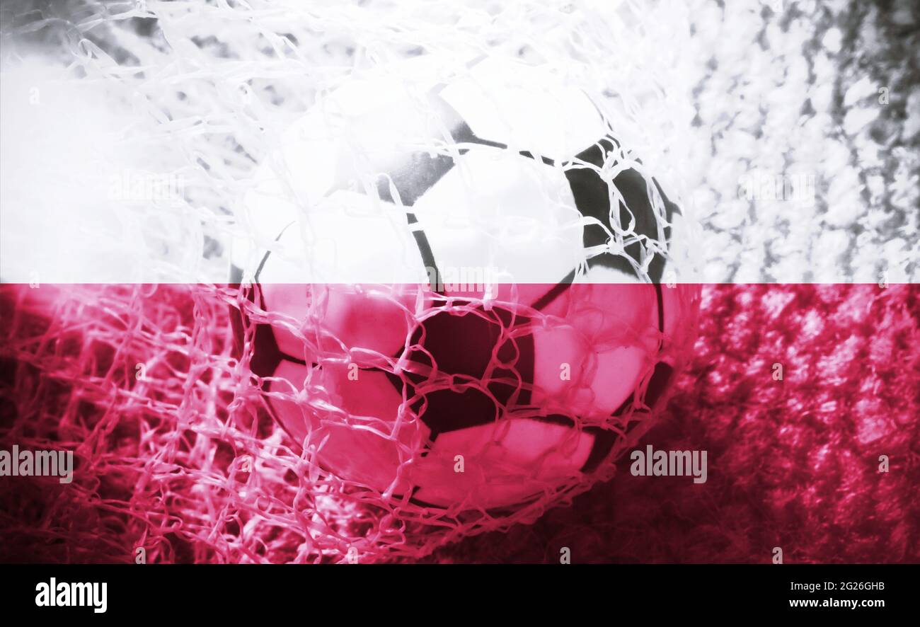 Soccer ball inside the net, with the Polish flag as background. Concept ...