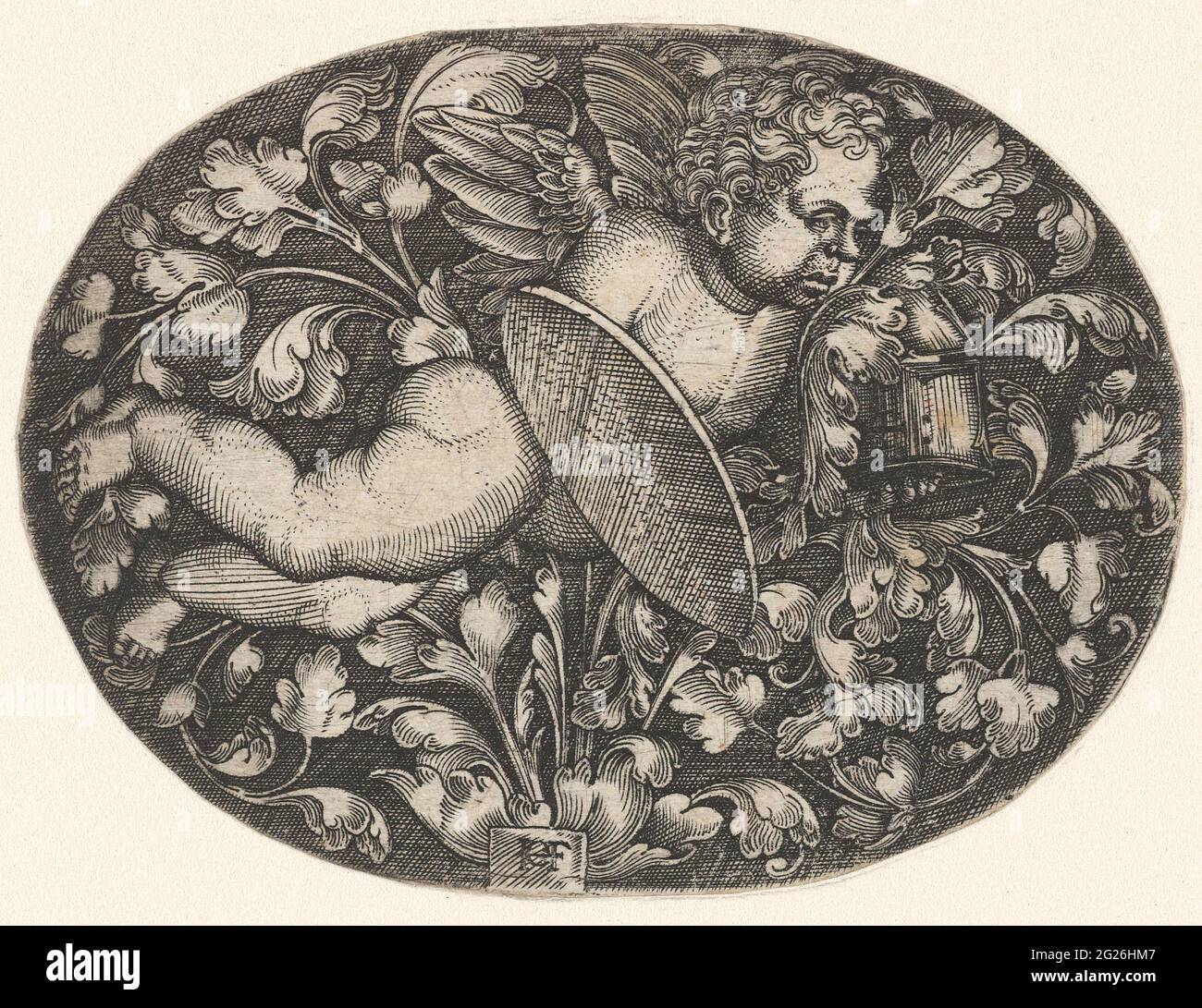 Putto, floating between leaf refrences. Oval. The putto has a shield in ...