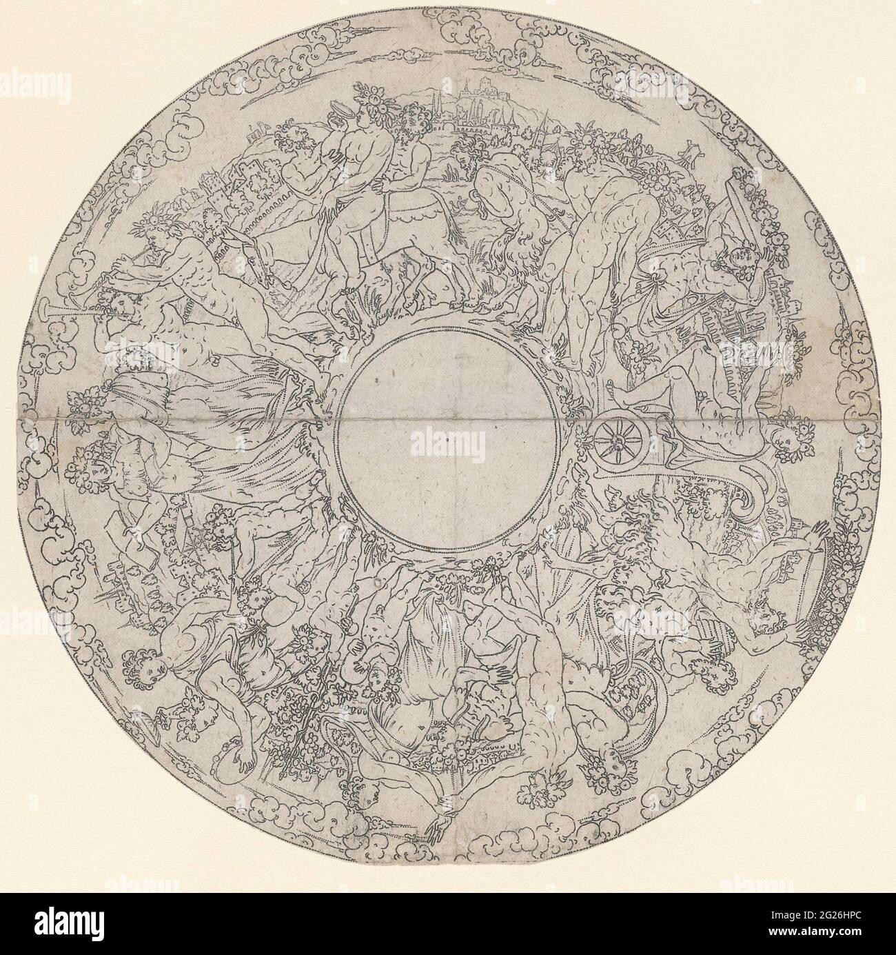 Dish with Bacchus. Bacchus, driving in a car that is drawn by a Sater ...