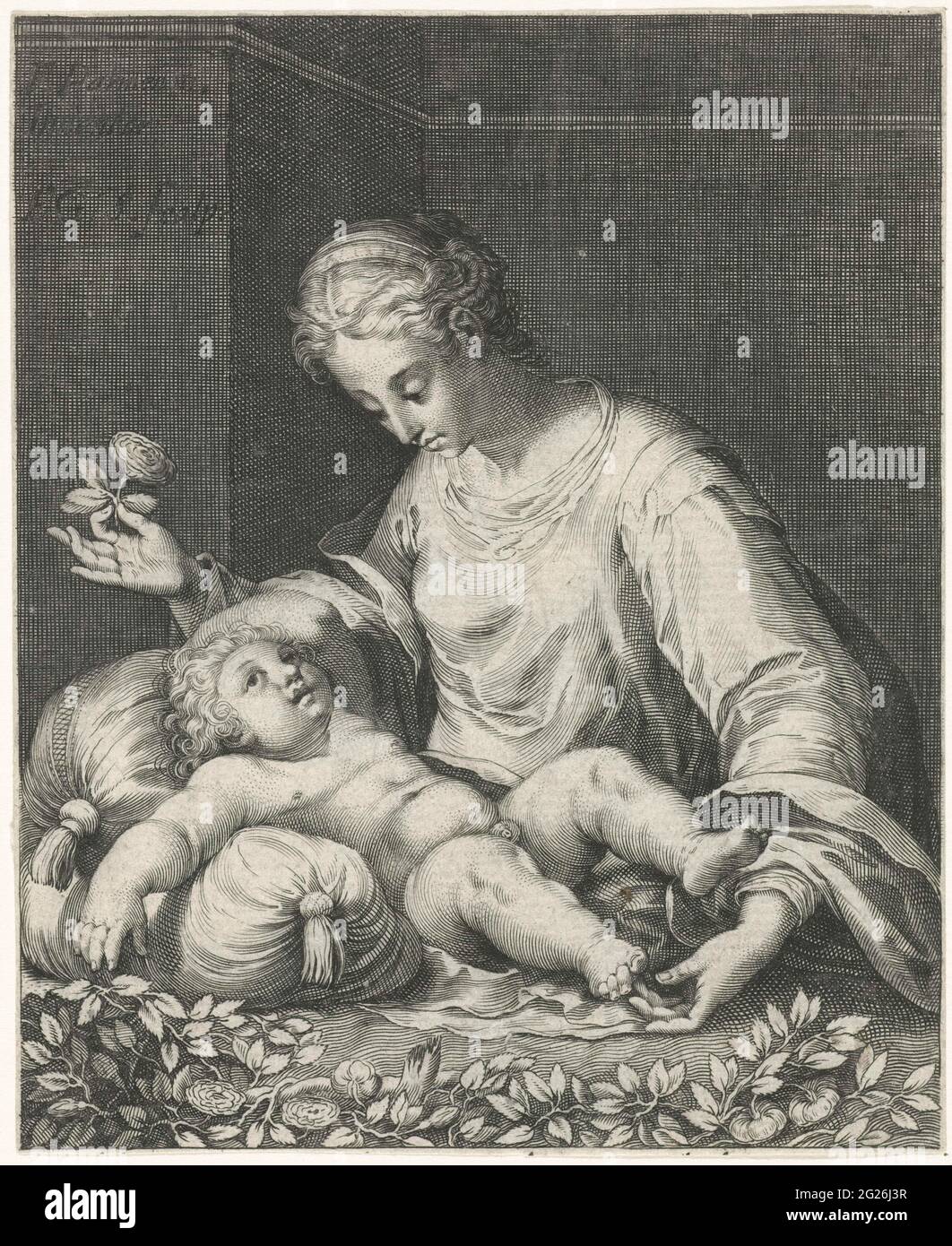 Maria and child in the rosary. A rose garden with Maria and the Christ ...