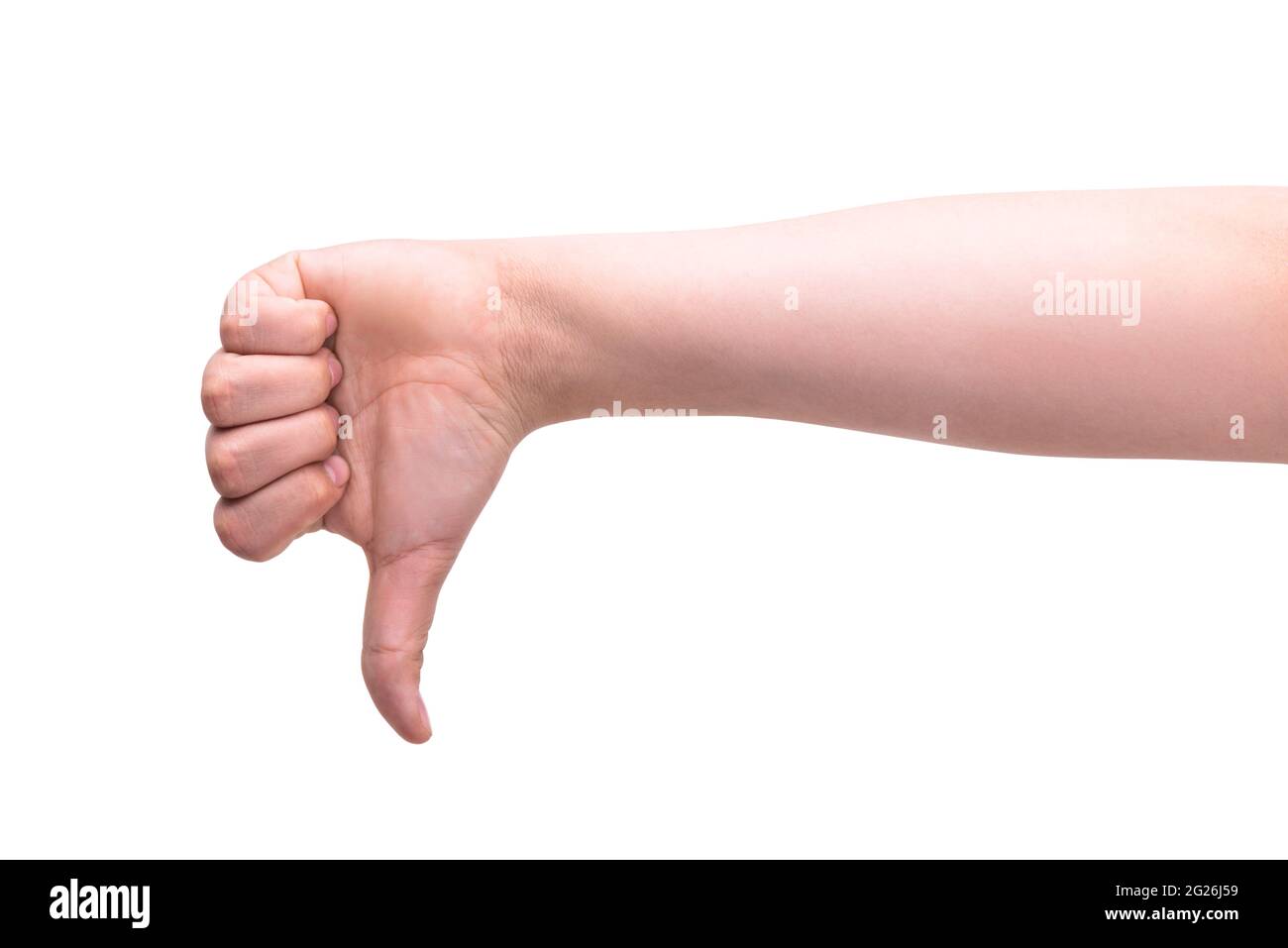 One person's hand shows thumb down. Concept of disapproval. Gesturing ...