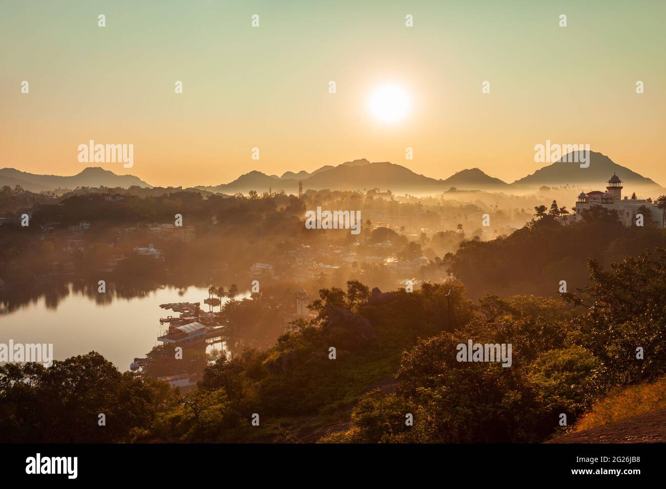 Mount Abu and Nakki lake aerial panoramic view at sunset. Mount Abu is ...