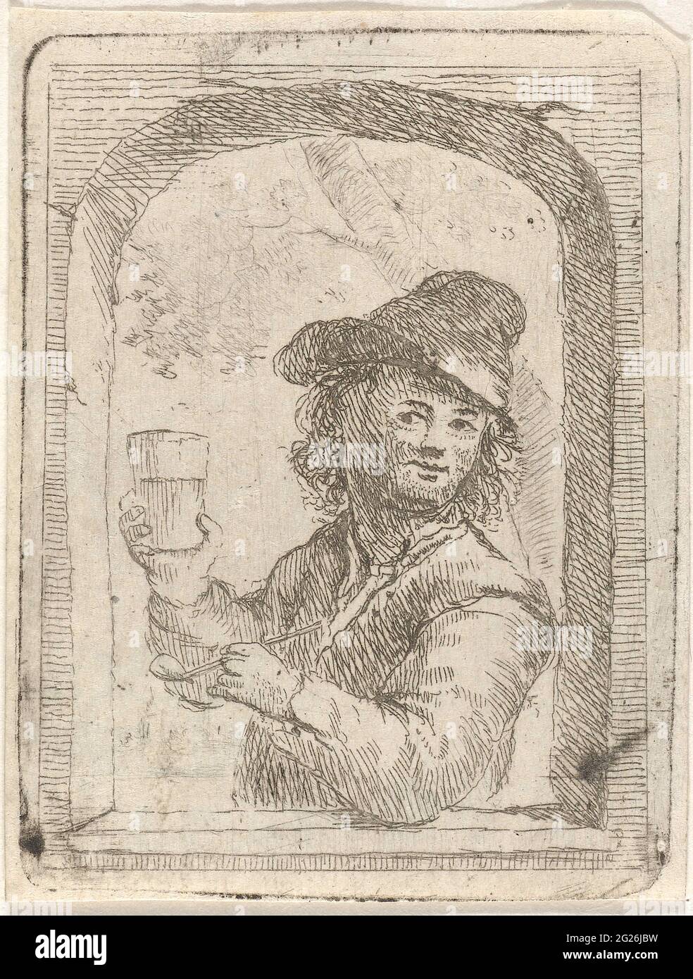 Piping man with a glass. From a window opening has a piping man's glass ...