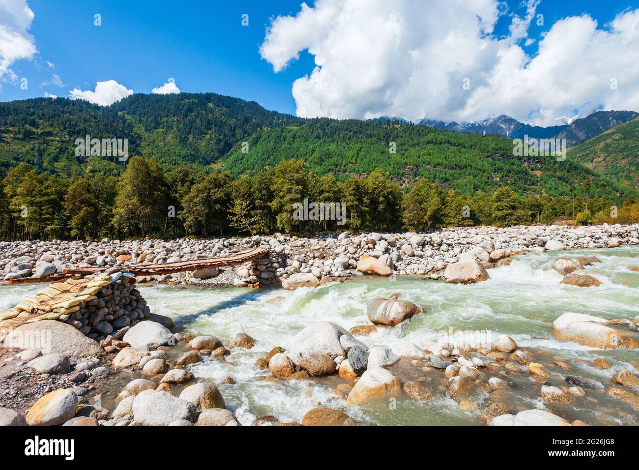 Bridge through Beas river near Manali in Kullu Valley in Himachal ...