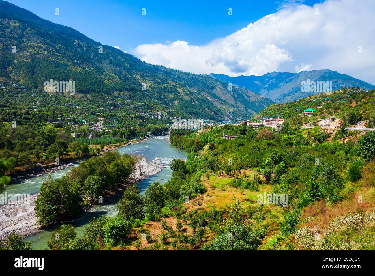 Beas river near Kullu town aerial panoramic landscape, Kullu valley in ...