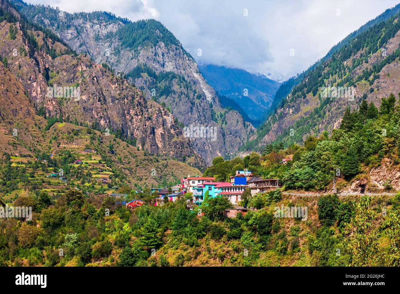 Scenic landscape panoramic view of the forested Himalaya mountains ...