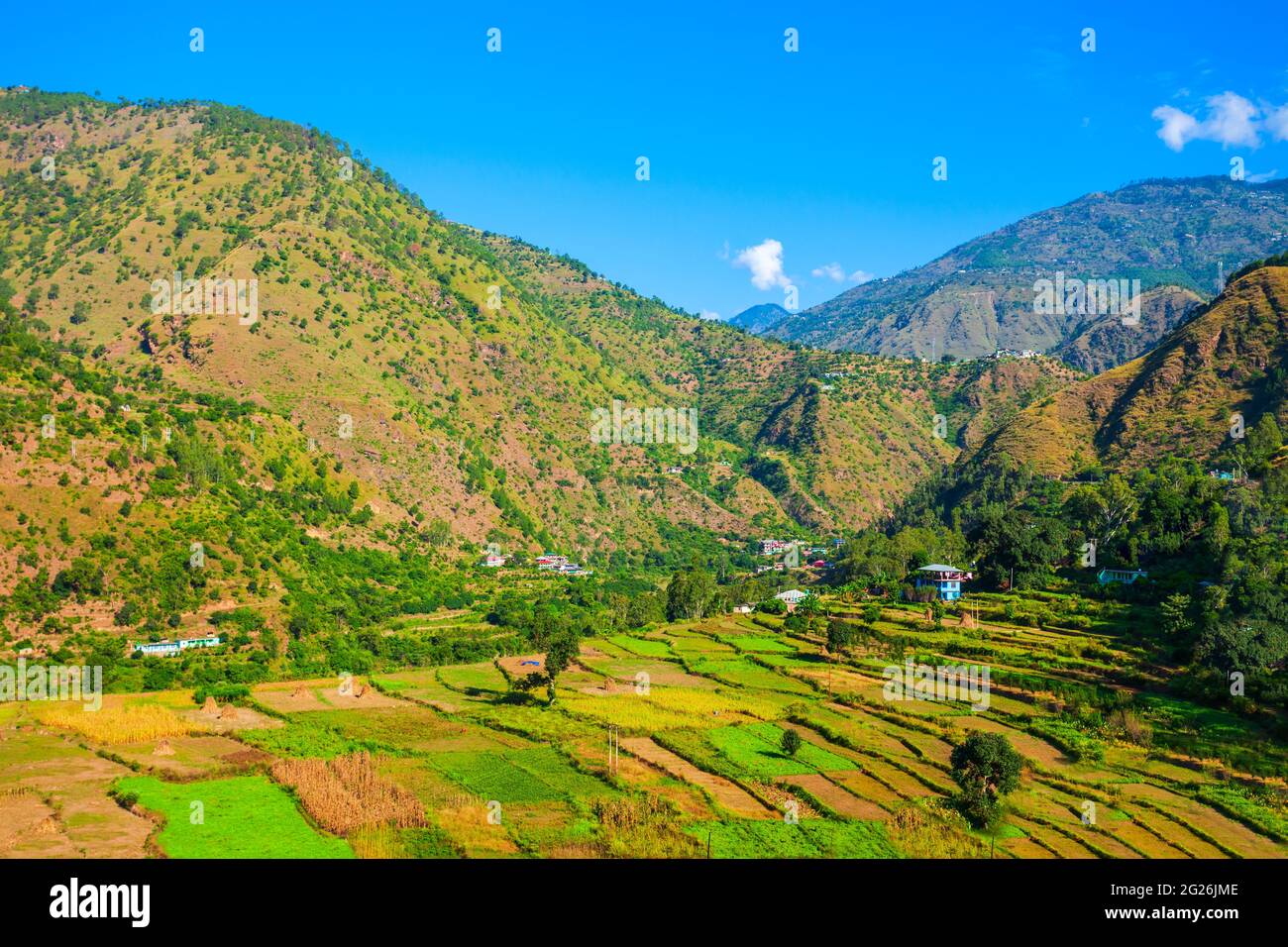 Scenic landscape panoramic view of the terraced rice field and forested ...