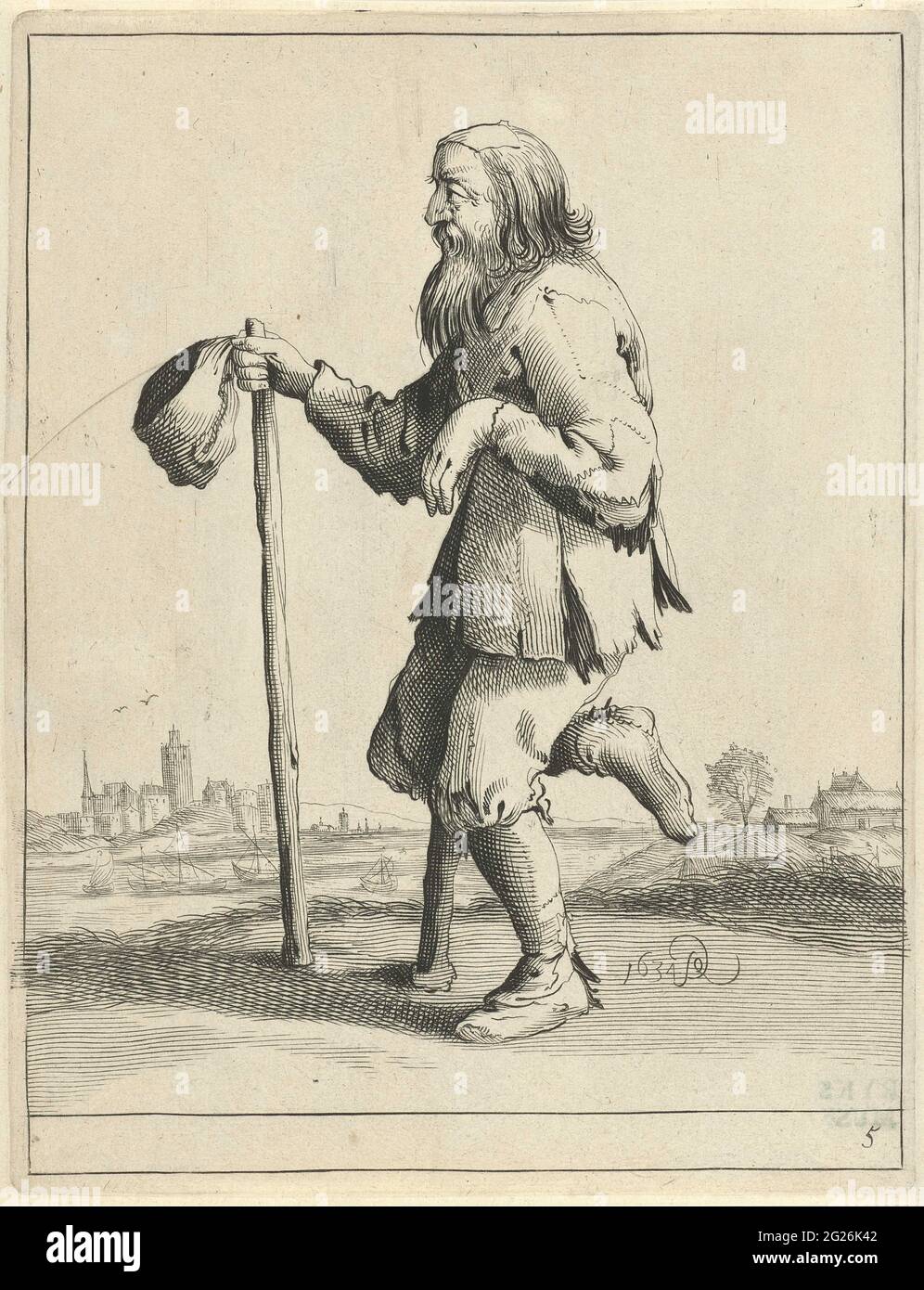 Kreupele Lawloper; Beggars and farmers. A crippled tramp pulls, leaning ...