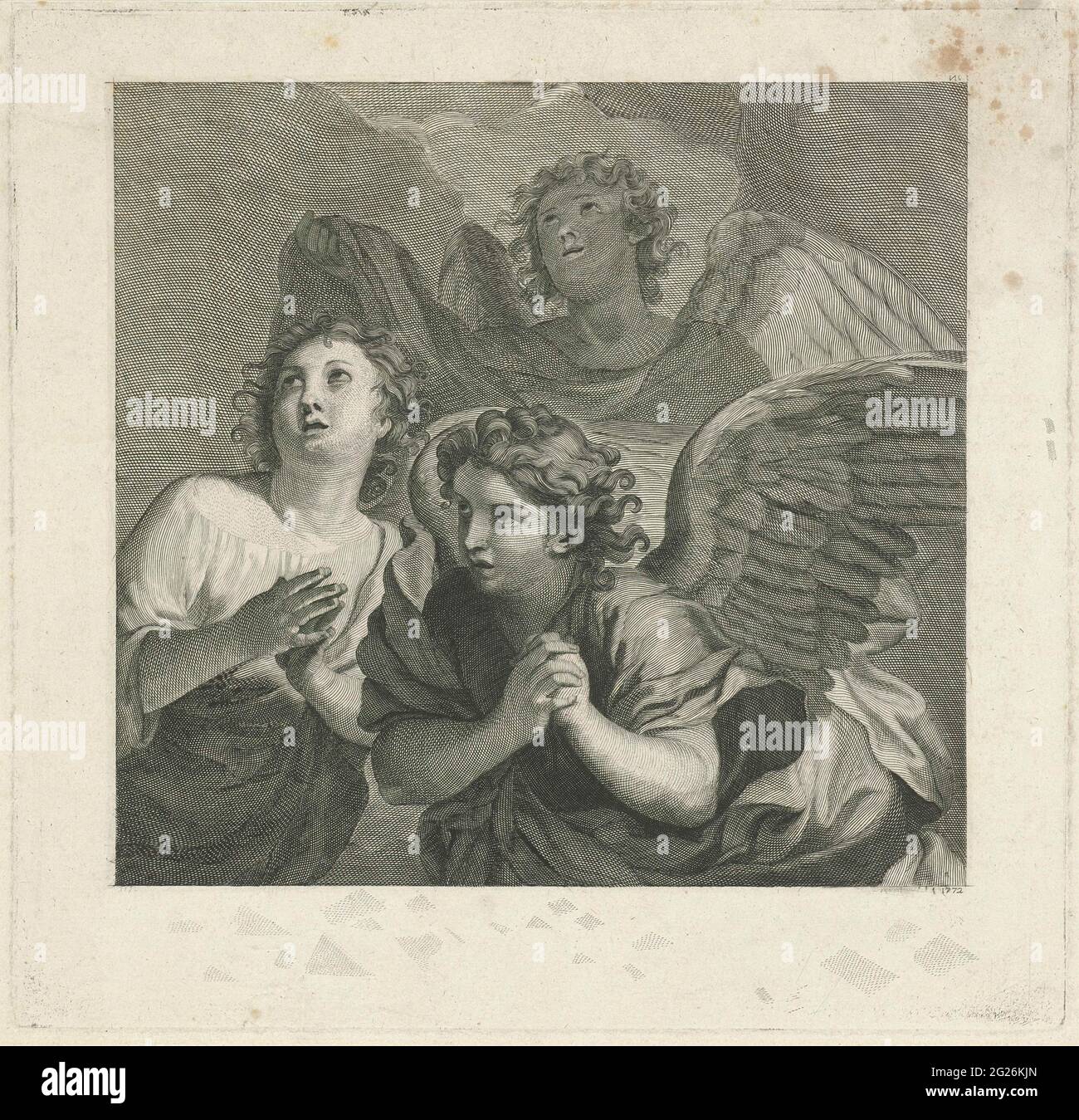 Three angels. Three adoring angels, two of which fold their hands Stock ...
