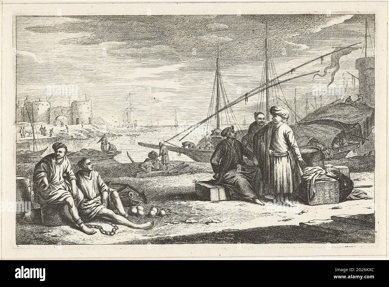 Port with merchants and prisoners; Italian ports; Aliqui Pandus. Harbor ...