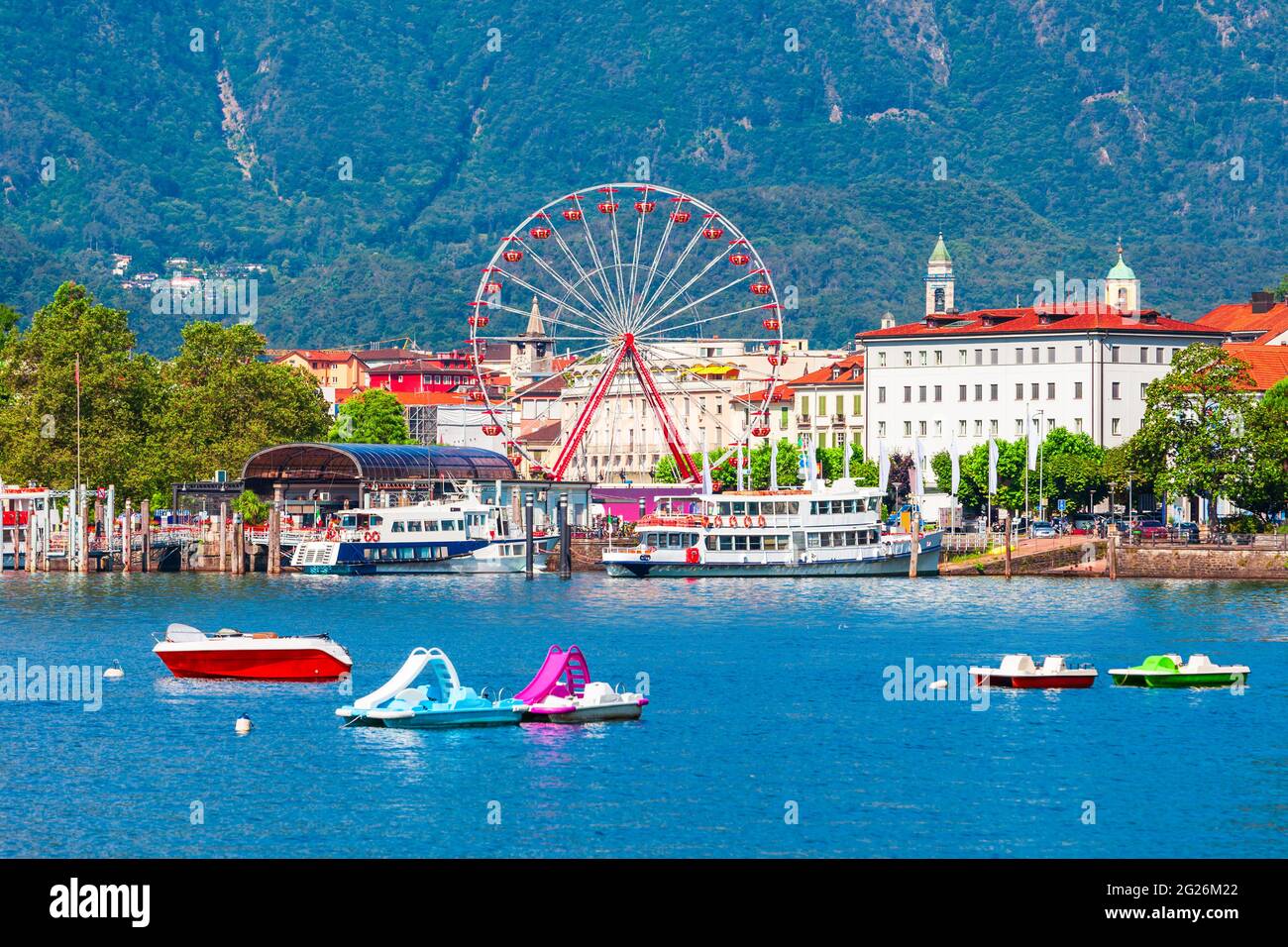 Locarno port with yacht and boats. Locarno is a town located on Lake ...