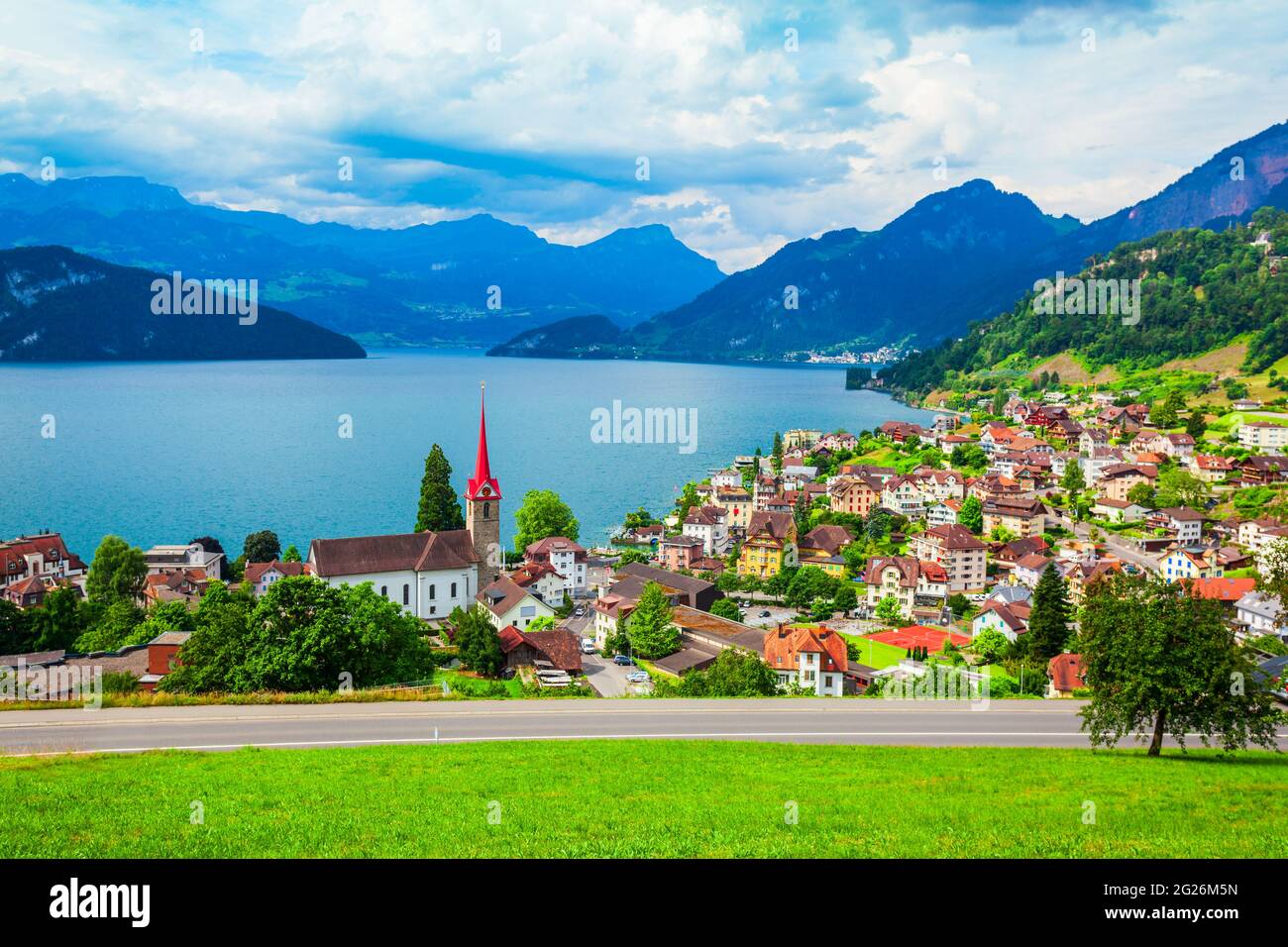 Weggis aerial panoramic view. Weggis is a town on the northern shore of ...