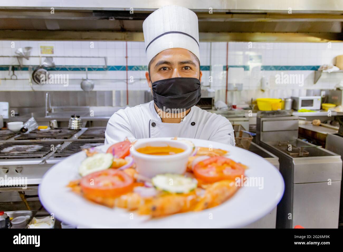 Portrait of Mexican Chef presenting plate in kitchen Stock Photo - Alamy