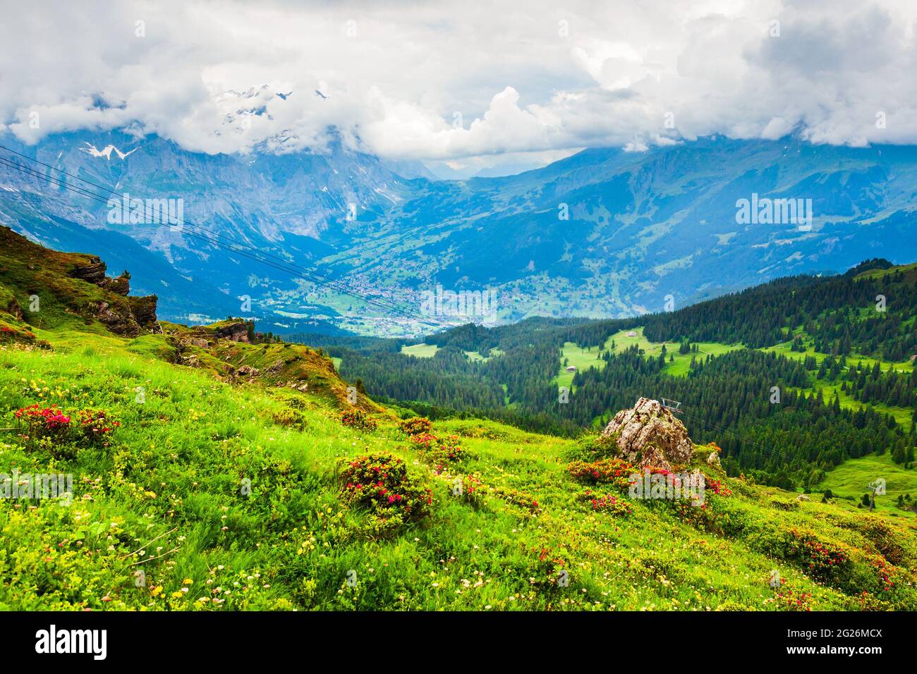 Alpine landscape, Lauterbrunnen valley panoramic view, Bernese Oberland ...