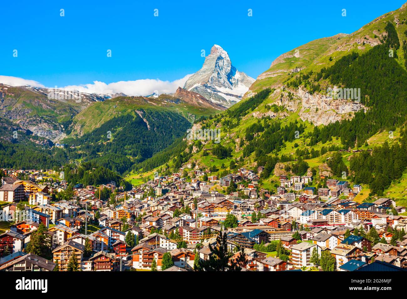 Zermatt town and Matterhorn mountain aerial panoramic view in the ...