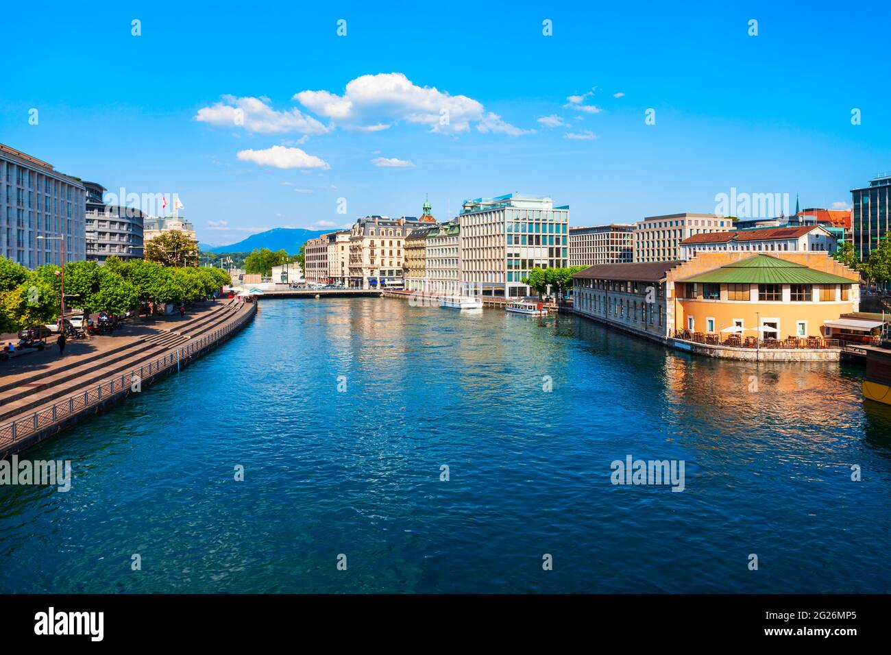 Geneva city centre aerial panoramic view. Geneva or Geneve is the ...