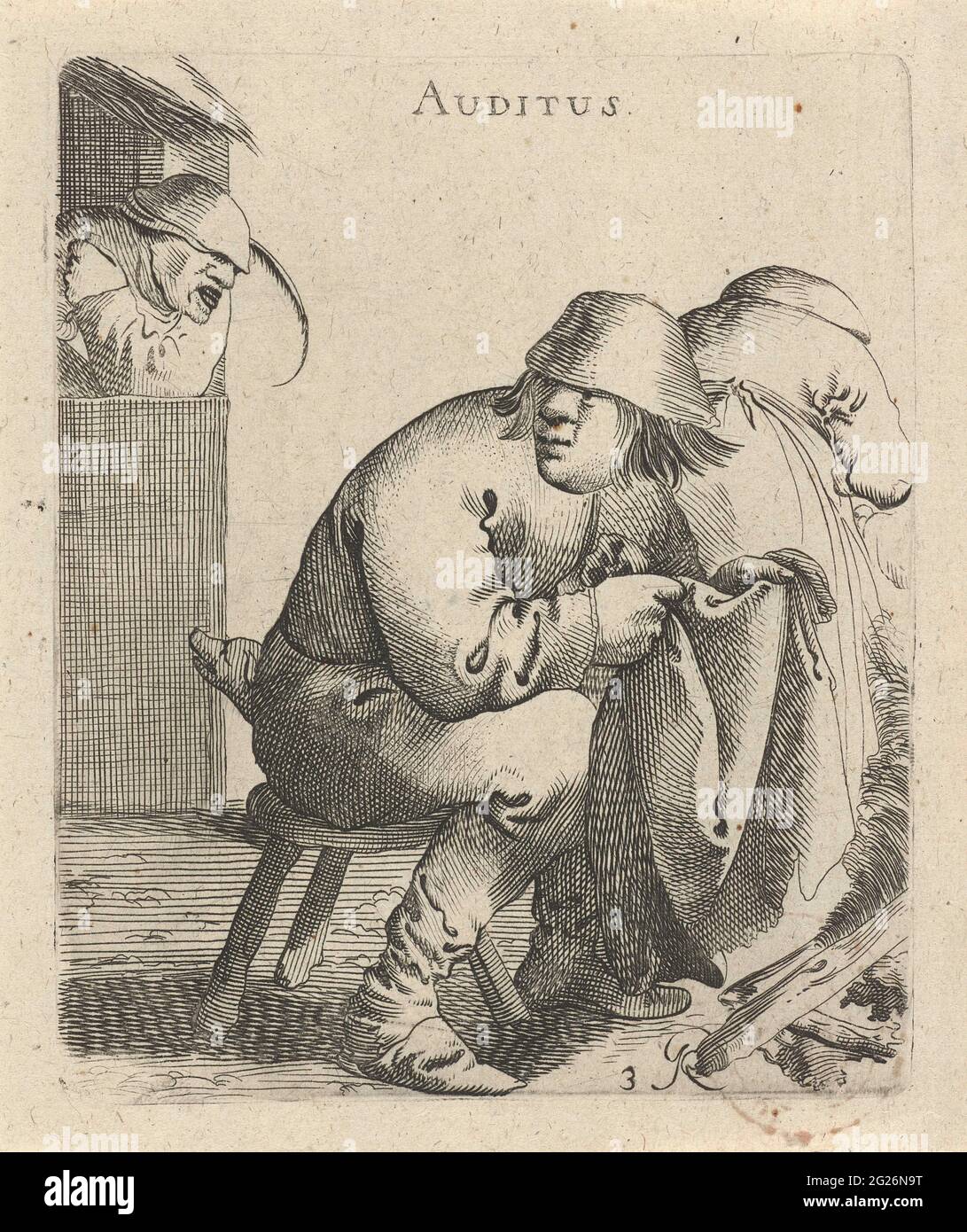 Hearing; Auditus; The five senses. A man and a woman sitting at a crisp fire while left a dog is ...