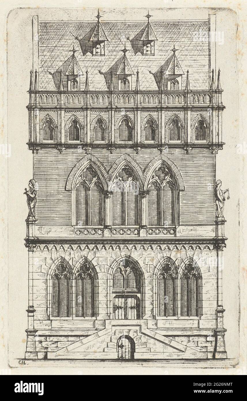 Gothic facade. Front view of a gothic house with sculptures on either ...