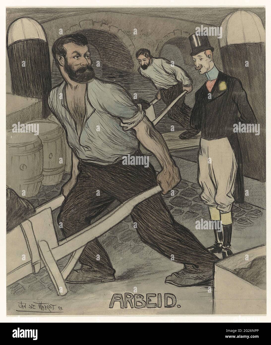 Labor. Two men with wheelbarrows, porters at work on a quay. On the ...