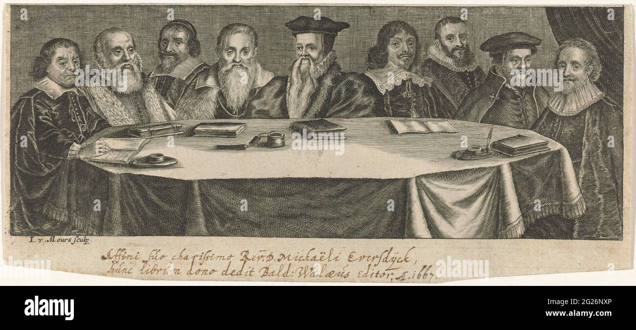 Scholars around a table. Nine scholars and theologians around a table ...