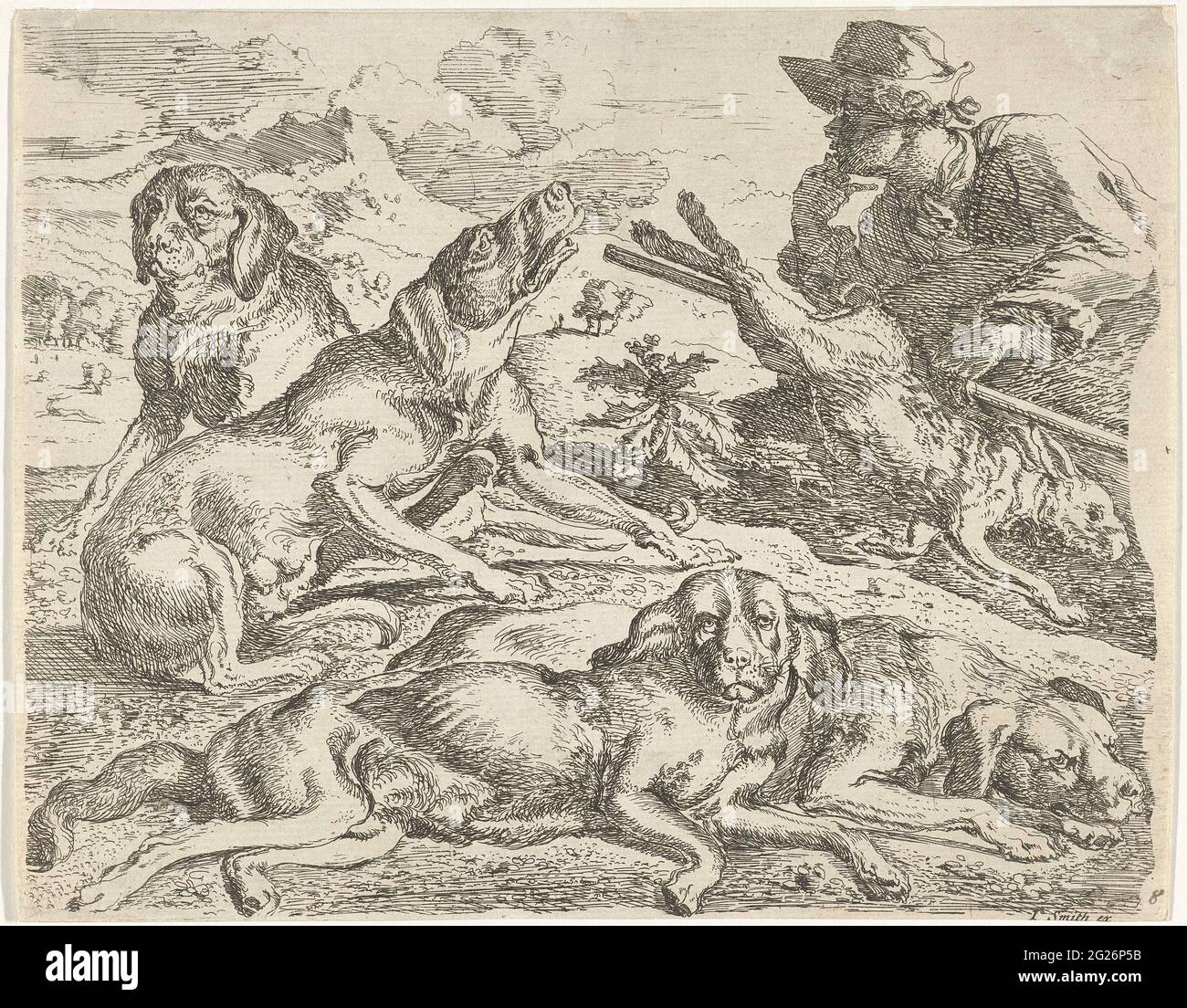 Four dogs, a hunter and a hare Stock Photo - Alamy