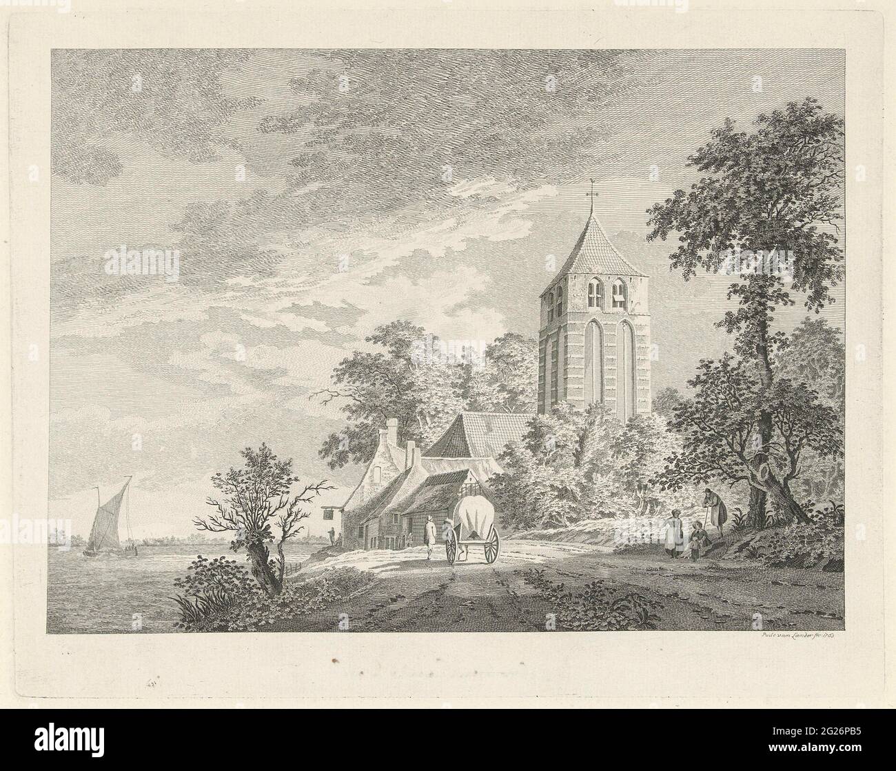 Varik village view, 1759. View of a church and an inn in the village of ...