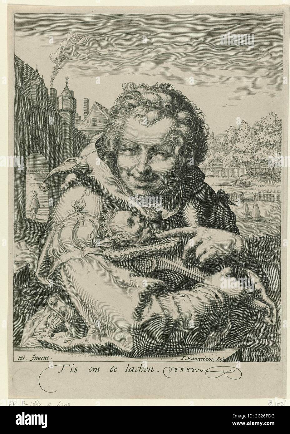 Smiling jester with a staff. A jester points to his staff. The staff ...