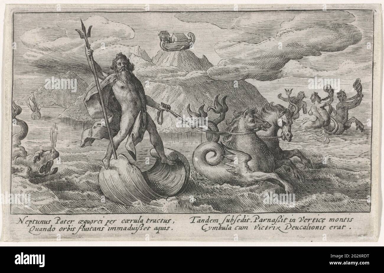 Neptunus calms the waves; Metamorphoses from Ovid. Neptunus stands on ...