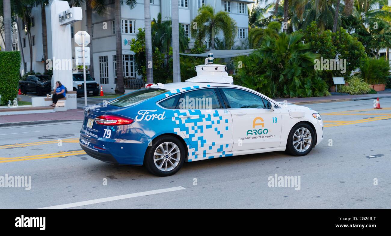 Miami Beach, Florida USA - April 15, 2021: ford argo self-driving test ...