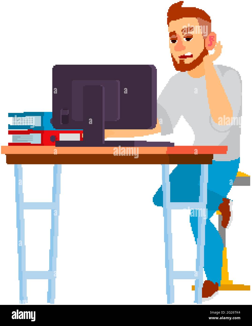 tired man making report on computer cartoon vector Stock Vector Image ...