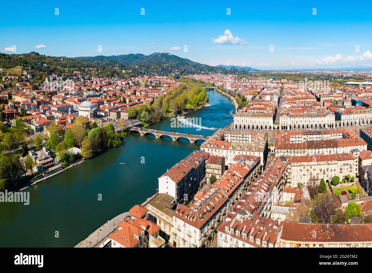 The Po river aerial panoramic view in the centre of Turin city ...