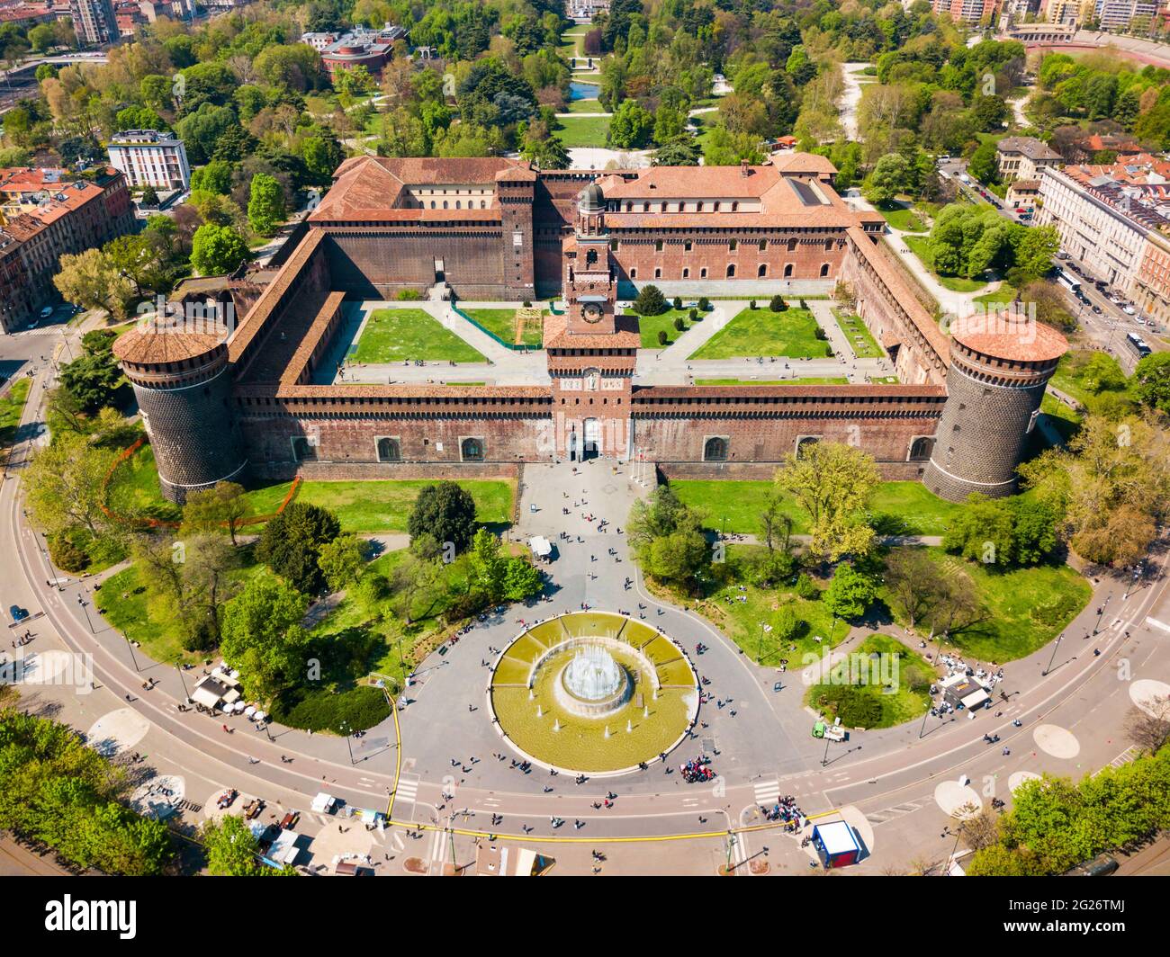 Sforza Castle or Castello Sforzesco aerial panoramic view. Sforza ...