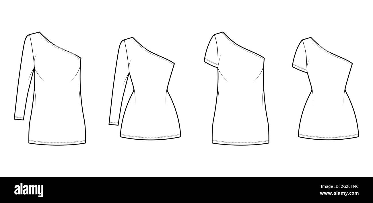 Set of Dresses one shoulder technical fashion illustration with long ...
