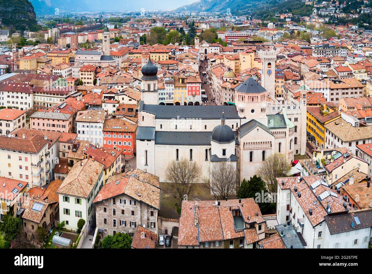Trento Cathedral or Duomo di Trento aerial panoramic view. Duomo is a ...