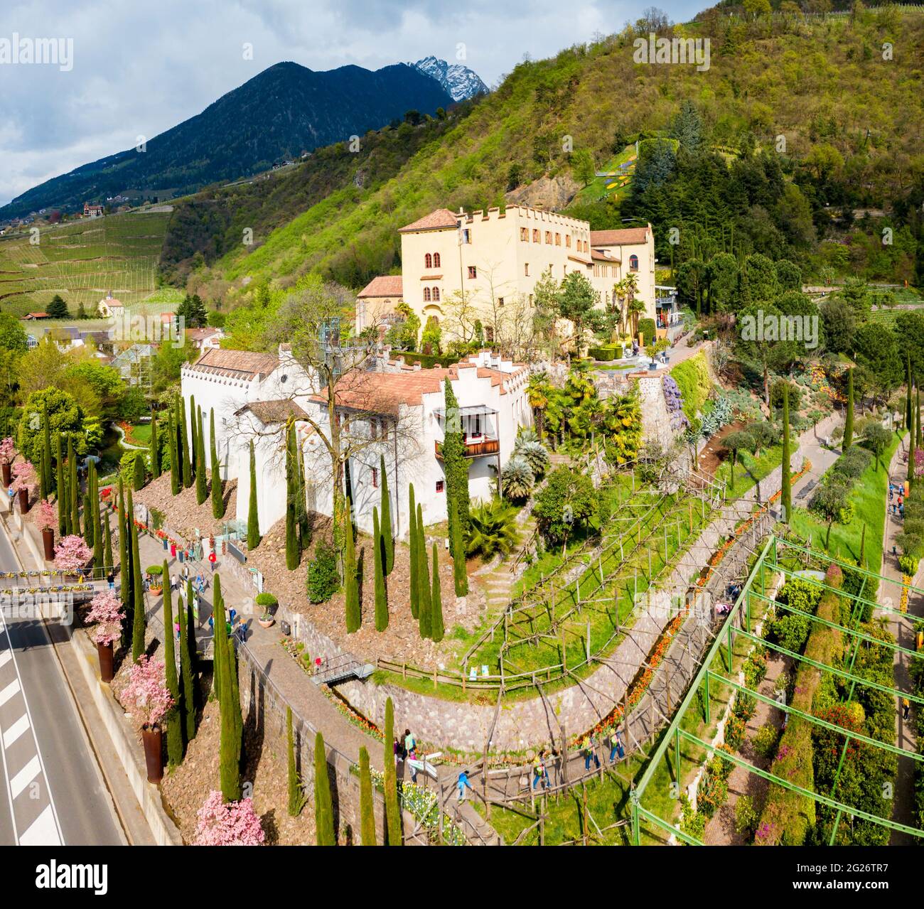 Aerial view of the Trauttmansdorff Castle Gardens, a botanical gardens ...