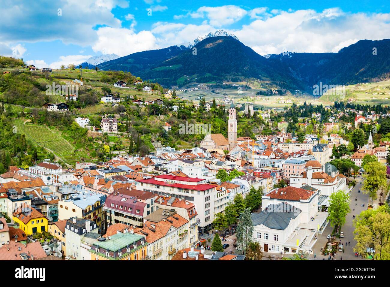 Merano city centre aerial panoramic view. Merano or Meran is a town in ...