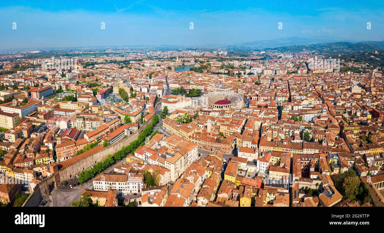 Verona Arena aerial panoramic view. Arena is a Roman amphitheatre in ...