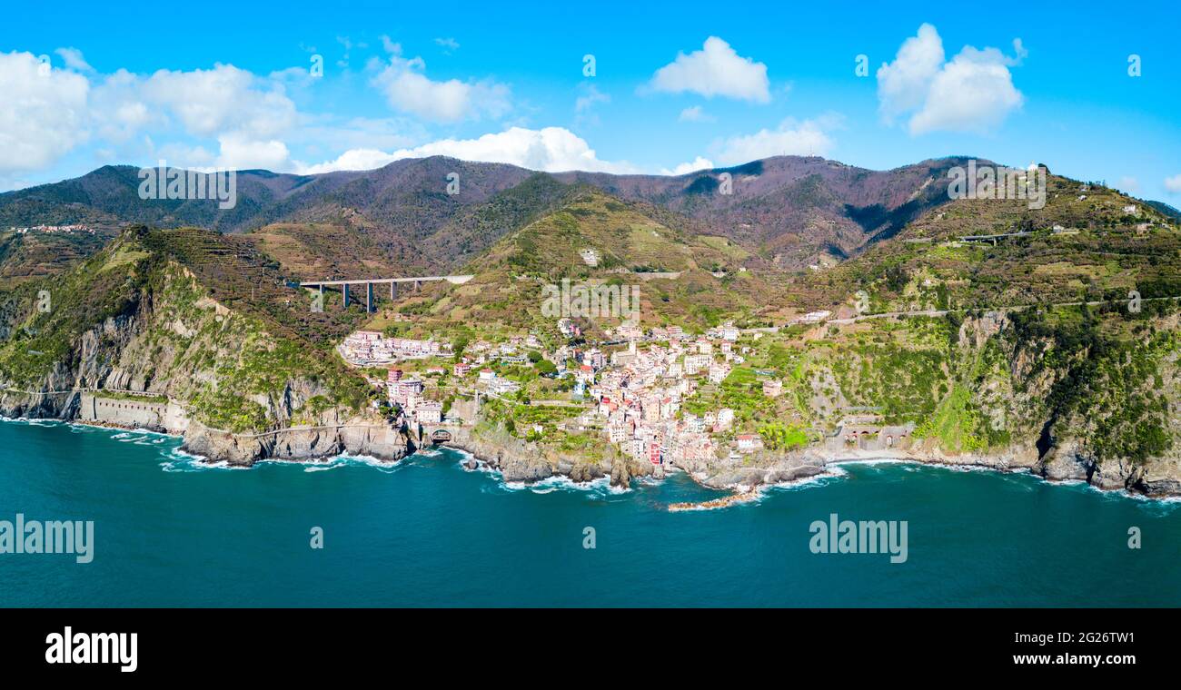 Riomaggiore aerial panoramic view. Riomaggiore is a small town in ...