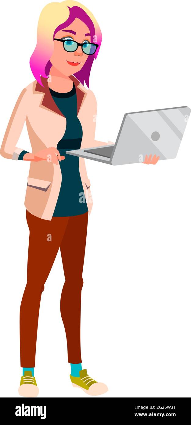 smiling woman digital artist preparing for presentation on laptop ...