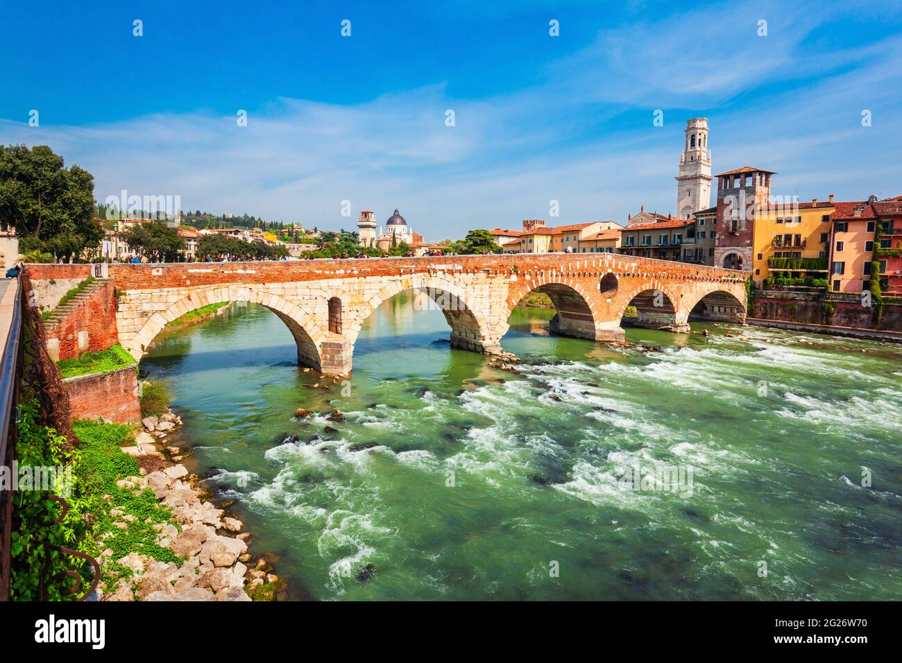 Ponte Pietra bridge is a Roman arch stone bridge crossing the Adige ...