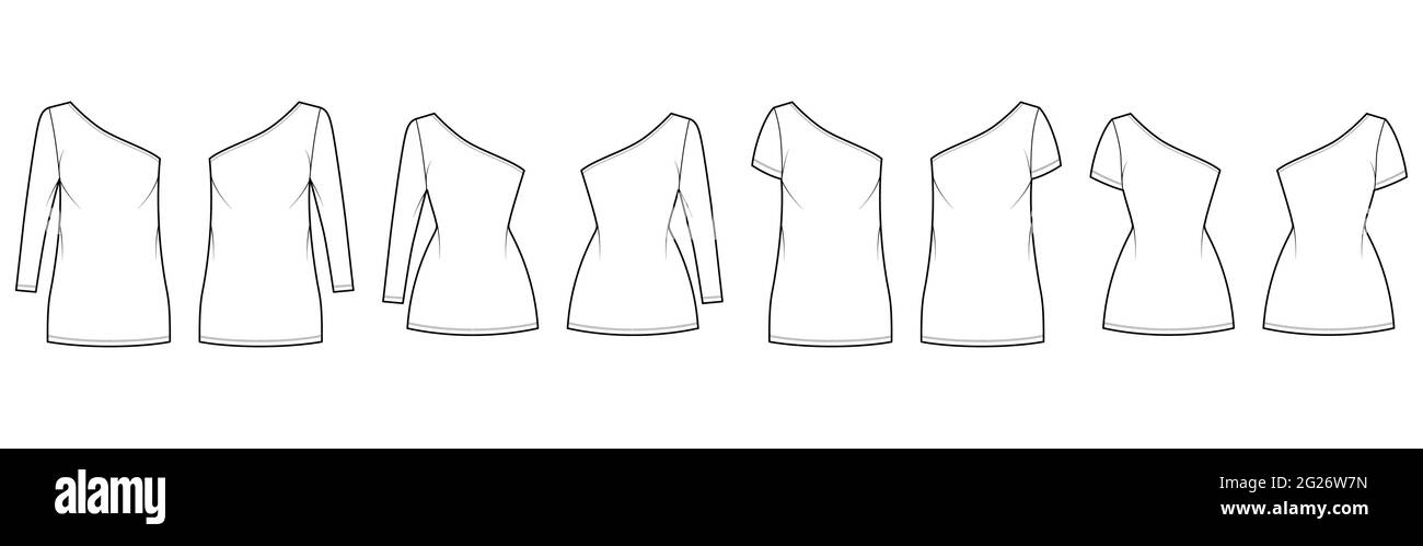 Set of Dresses one shoulder technical fashion illustration with long ...